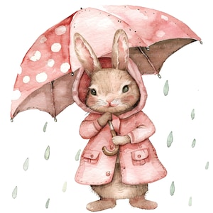 10 Bunny Rainy Clipart, Bunny With Umbrella, Printable Watercolor ...