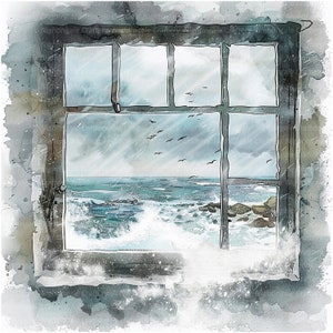 12 Window With Storm View Clipart, Window to Sea Clipart, Printable ...