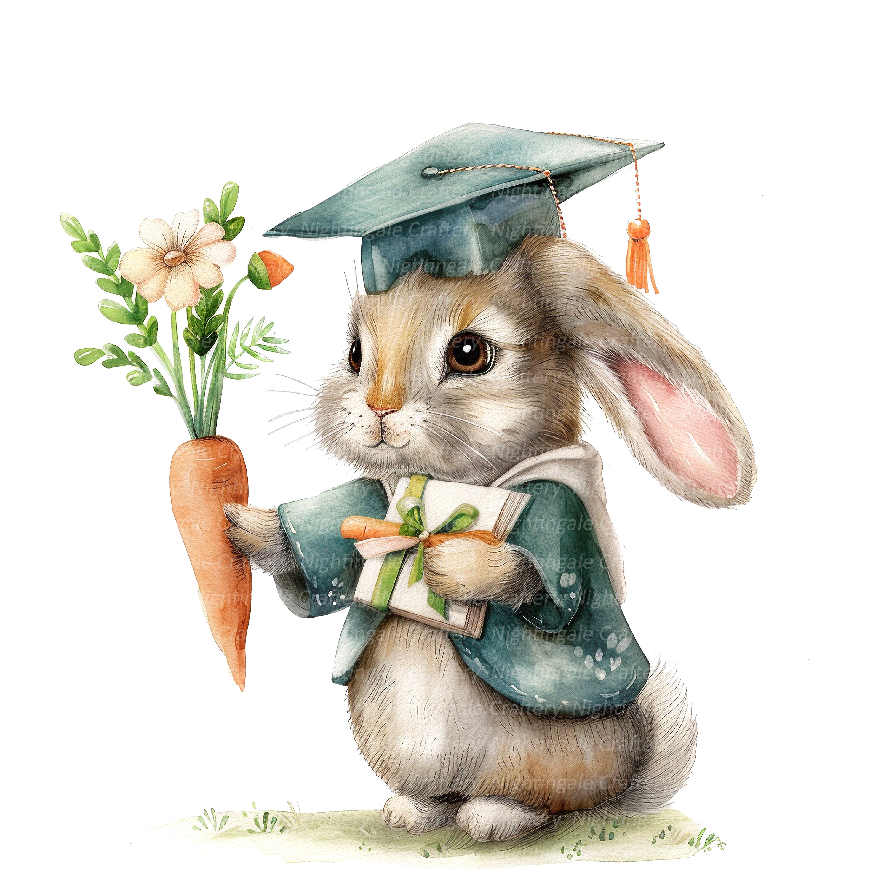 10 Graduation Clipart, Student Bunny Clipart, Printable Watercolor ...