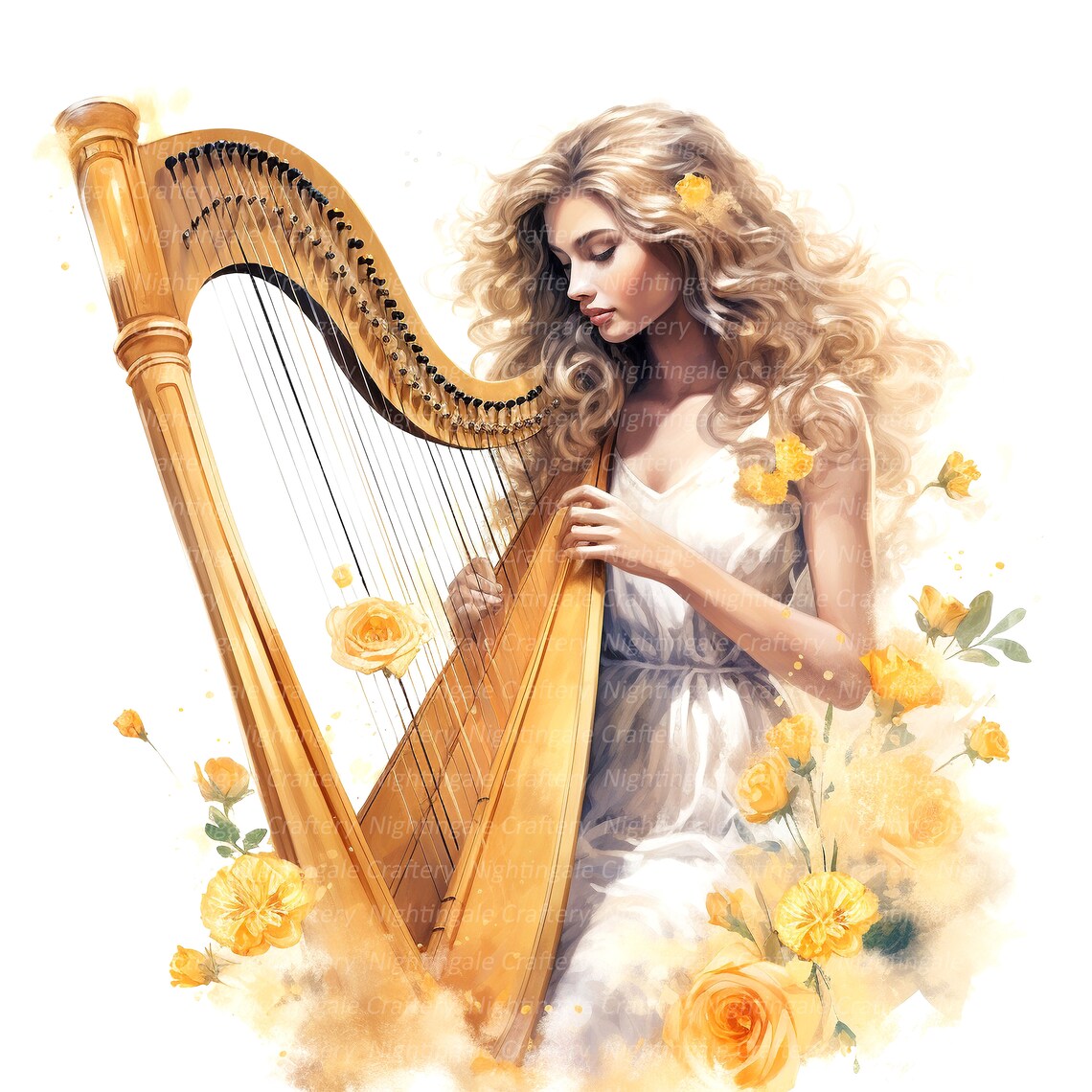 10 Woman Playing Harp Clipart, Floral Harp, Printable Watercolor ...