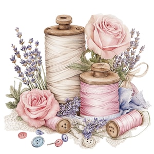 14 Vintage Spools of Thread Clipart, Floral Sewing Kit, Printable ...