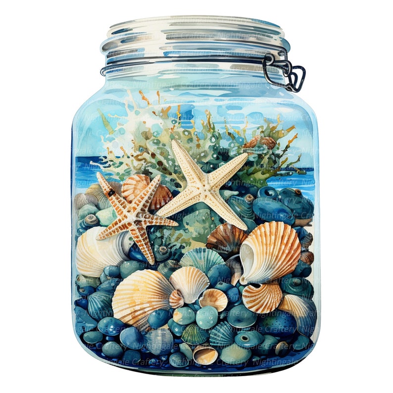 9 Seashells in Jar Clipart, Sea Shells Clipart, Printable Watercolor ...