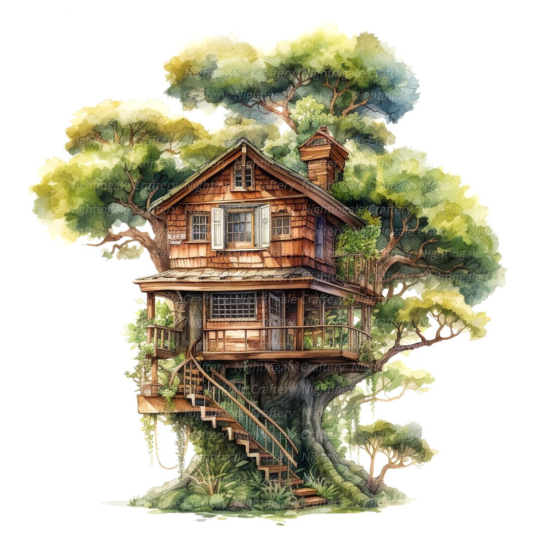 11 Tree House Clipart, Fairy Tree House, Printable Watercolor Clipart ...