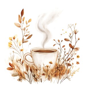 8 Coffee Cup, Boho Floral Coffee Clipart, Printable Watercolor Clipart ...
