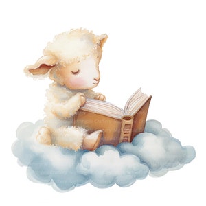 8 Lamb Reading Tale Clipart, Lamb Nursery Print, Printable Watercolor ...
