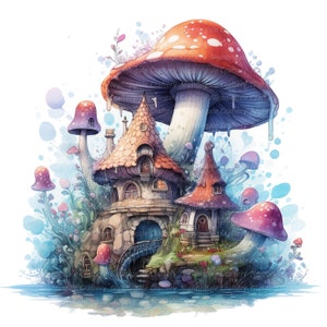 12 Magic Toadstool Fairy House Clipart, Printable Watercolor Clipart ...