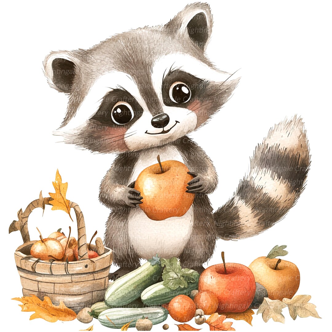 12 Harvest Raccoon Clipart, Vegetables Clipart, Printable Watercolor ...