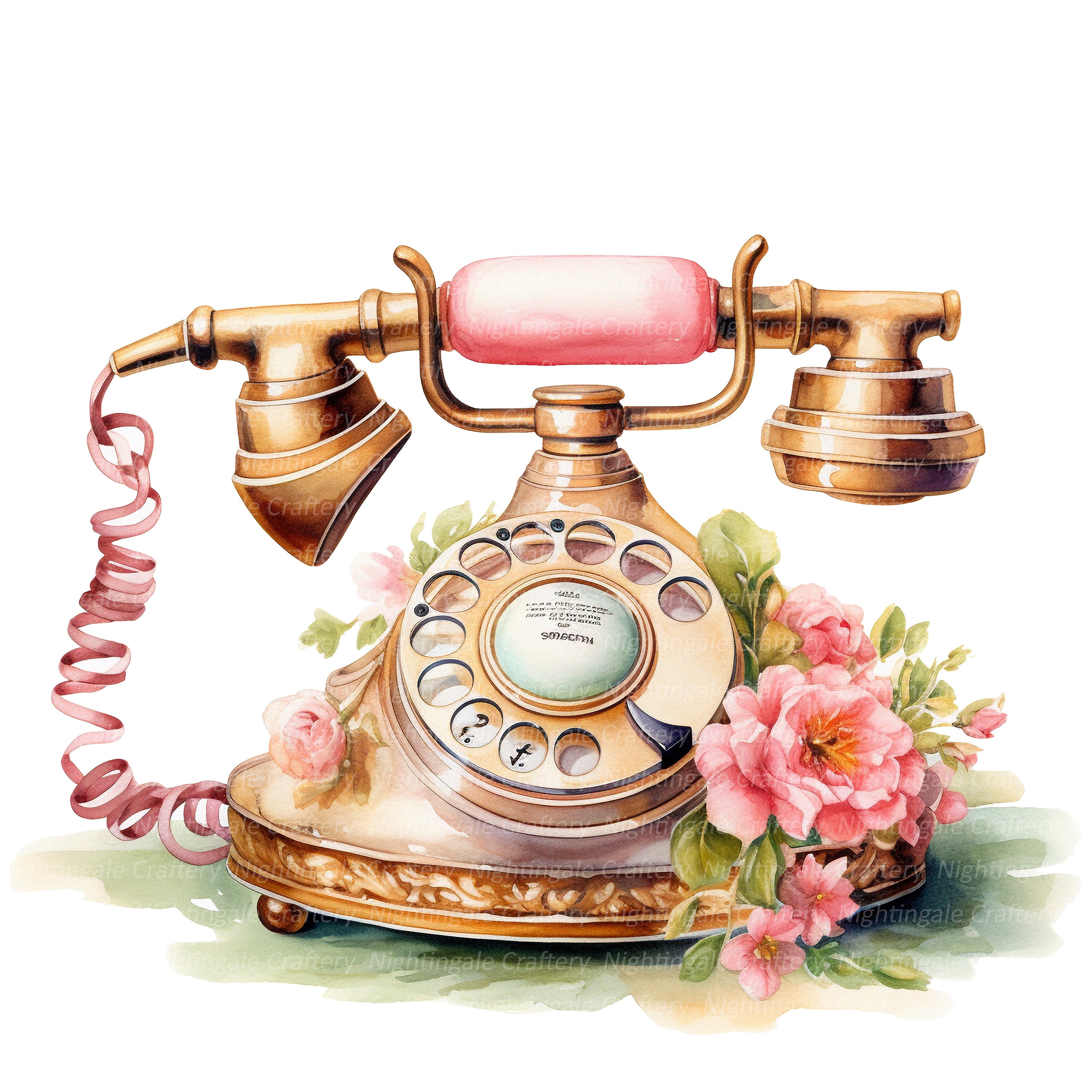 8 Vintage Floral Phone Clipart, Retro Telephone, Printable Watercolor ...