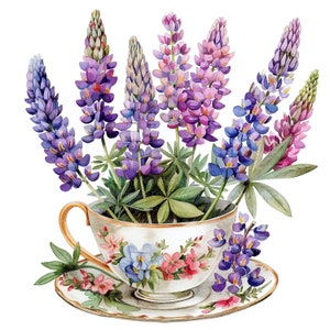 10 Lupins in Tea Cup Clipart, Floral Tea Cup, Printable Watercolor ...