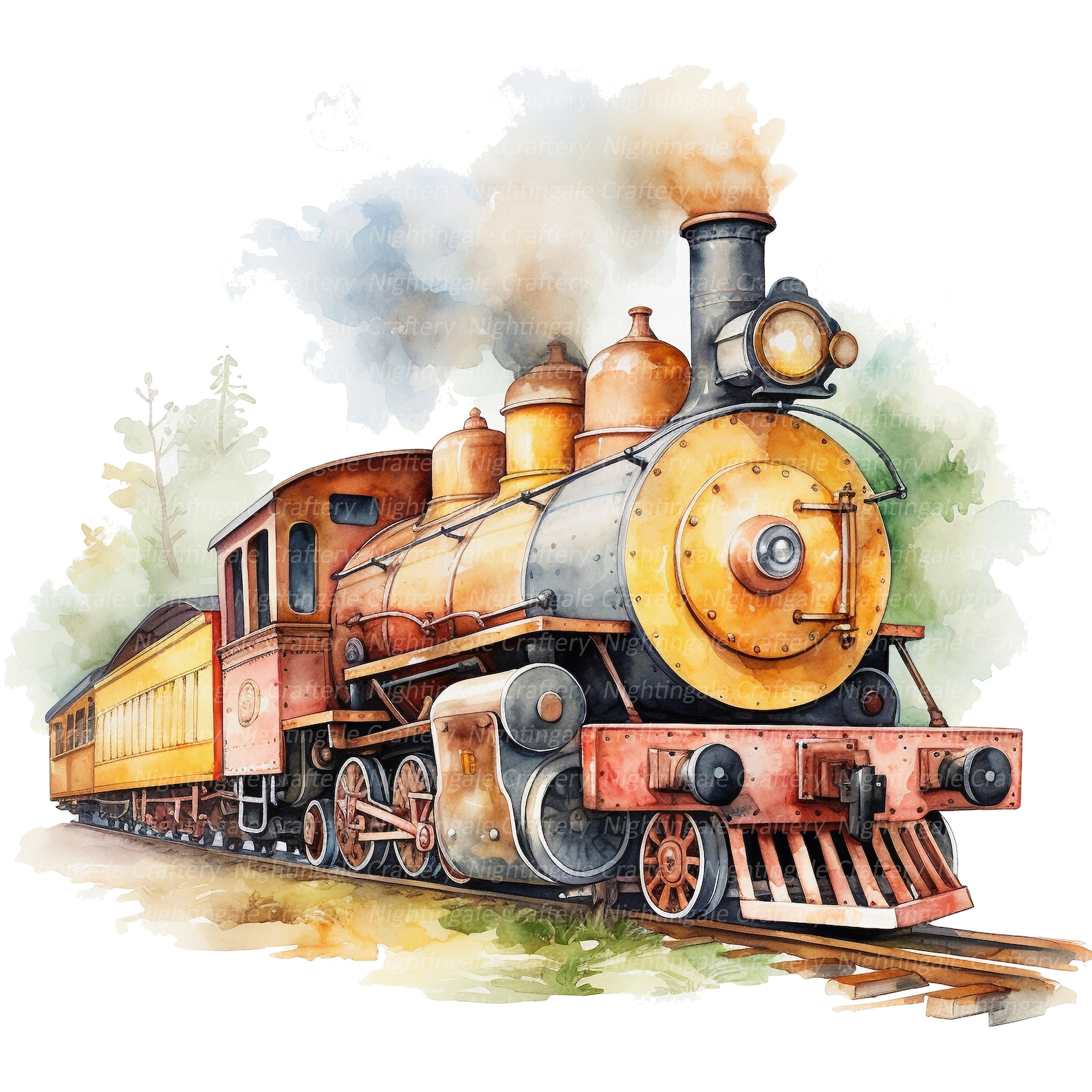 10 Cartoon Locomotives Clipart, Antique Train, Printable Watercolor ...