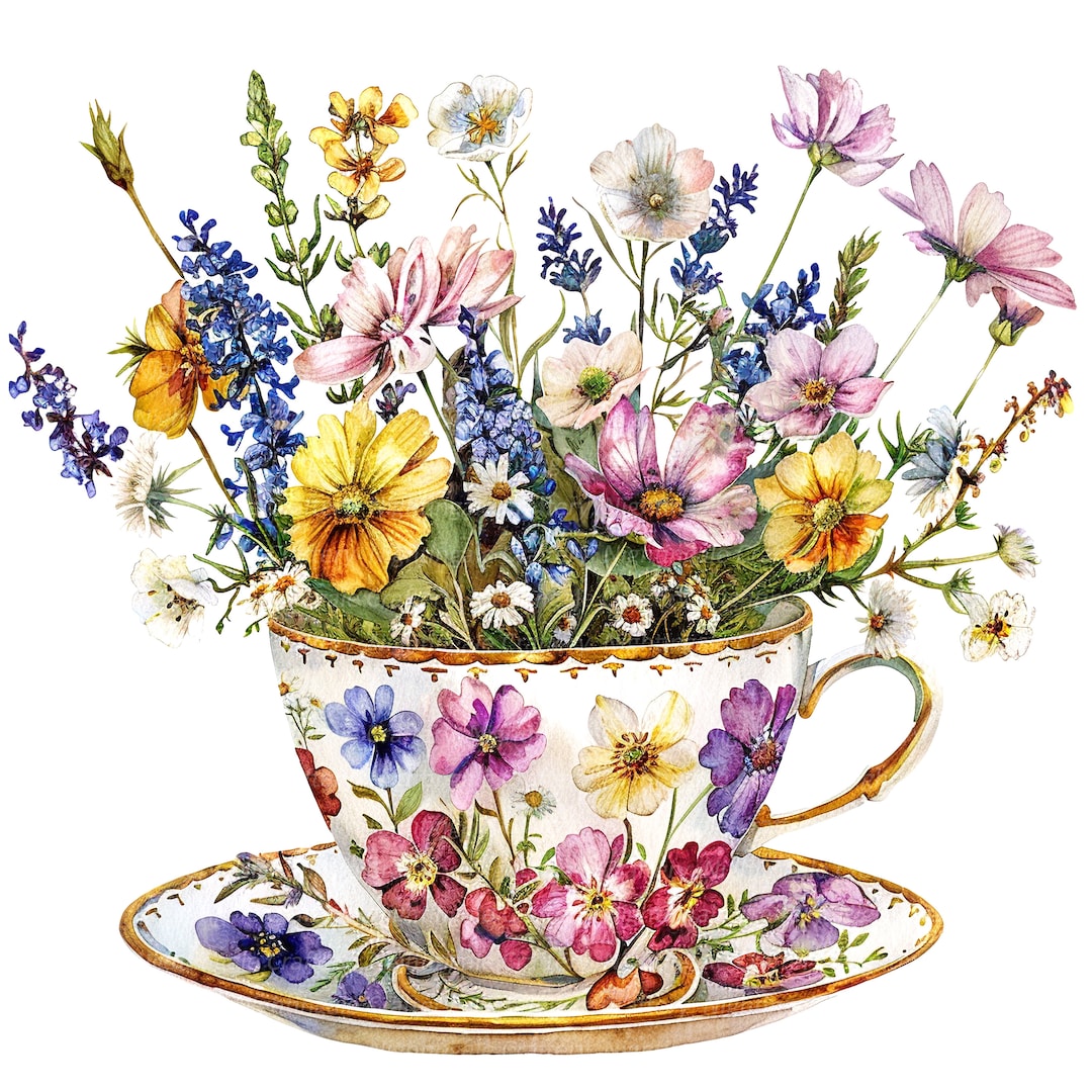 10 Wildflowers in Tea Cup Clipart, Floral Tea Cup, Printable Watercolor ...