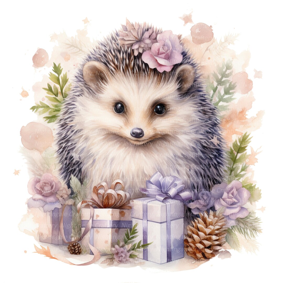 10 Stylized Christmas Hedgehog Clipart, Printable Watercolor Clipart ...
