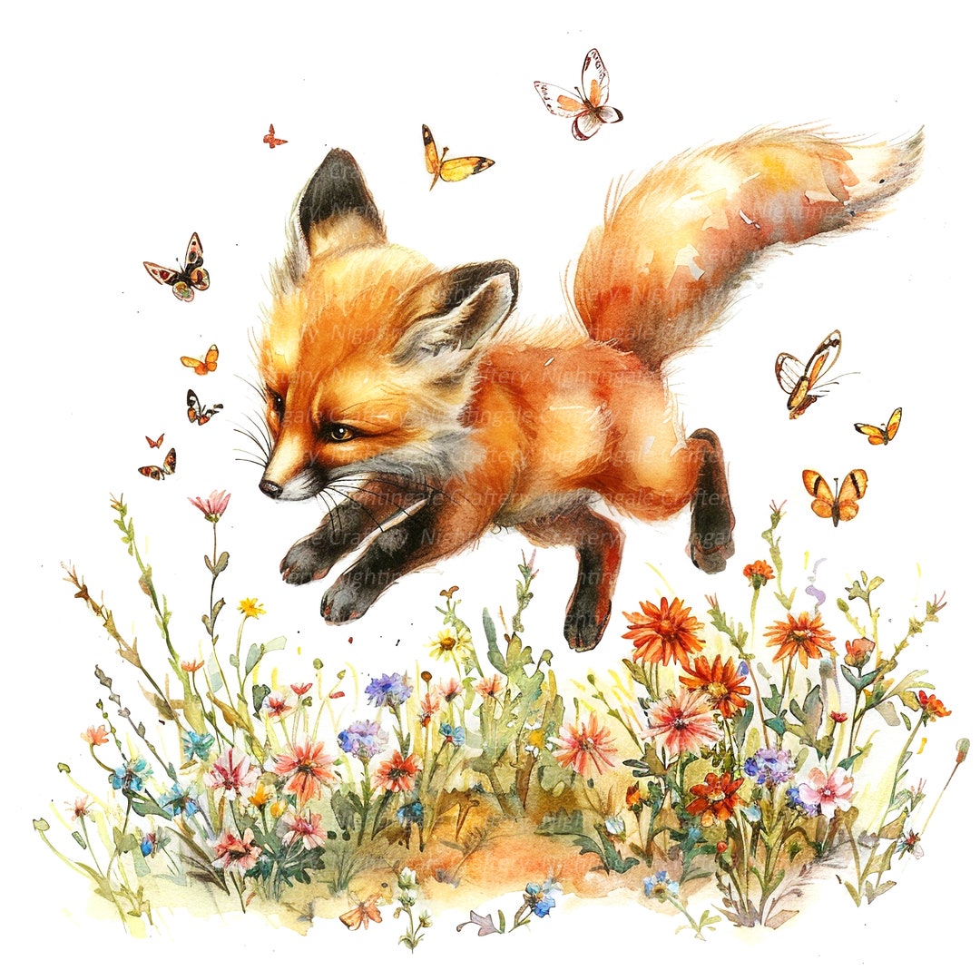 12 Fox Catch Butterfly Clipart, Cute Baby Fox, Printable Watercolor ...