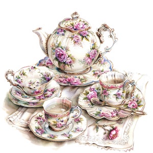 10 Vintage Tea Set Clipart, Floral Porcelain Set, Printable Watercolor ...