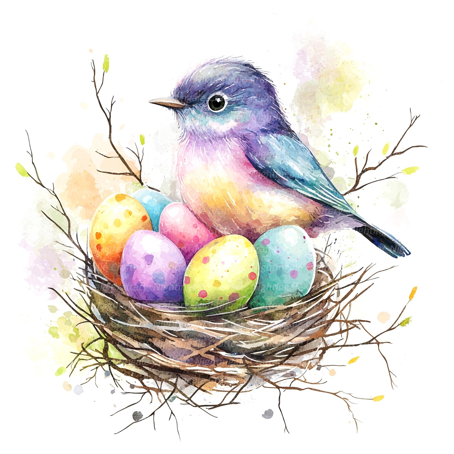 10 Cute Bird Nest Clipart, Easter Eggs Clipart, Printable Watercolor ...