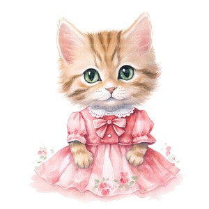 Cute Kitten in Pink Dress Clipart, Printable Watercolor Clipart, 10 ...