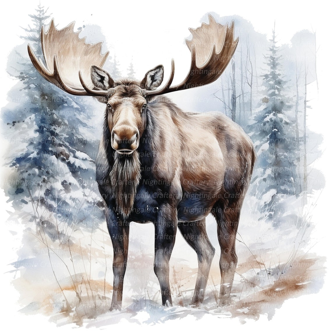 10 Moose in Winter Clipart, Printable Watercolor Clipart, High Quality ...