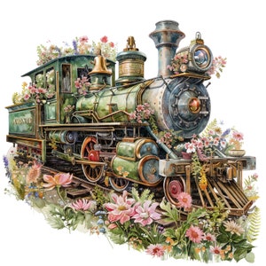 10 Floral Train Clipart, Floral Locomotive, Printable Watercolor ...