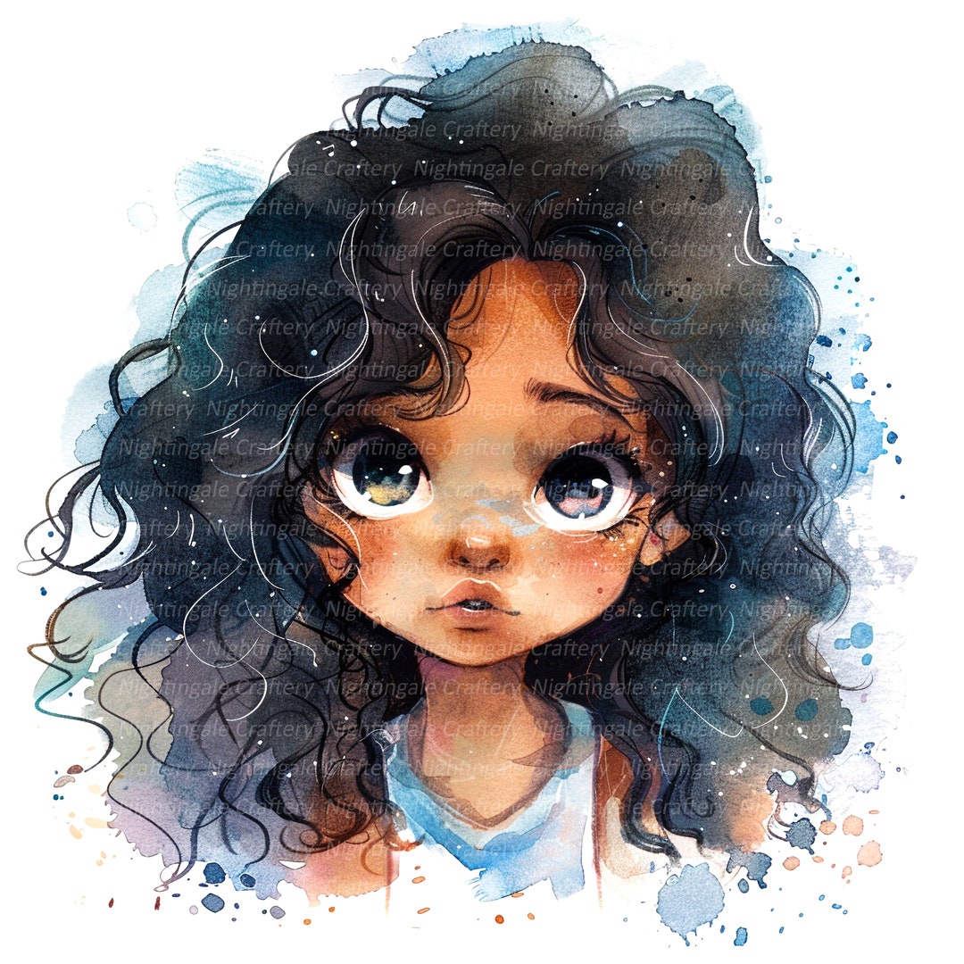 12 Black Chibi Girl Clipart, Little Black Girl, Printable Watercolor ...