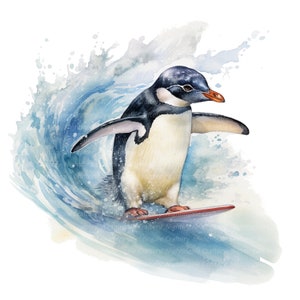 10 Surfing Penguin Clipart, Attractive Penguin, Printable Watercolor ...