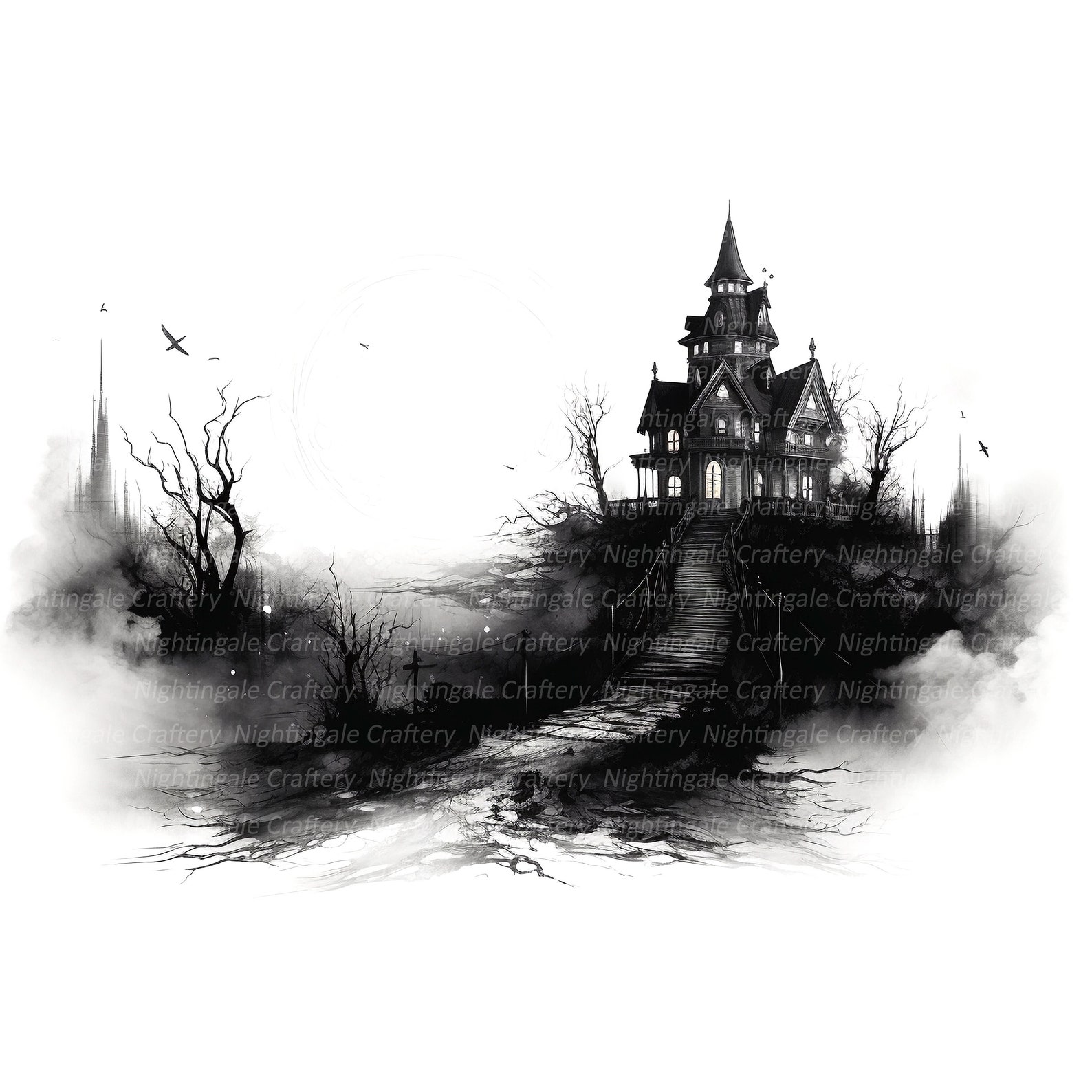 14 Haunted House Ink Art Clipart, Printable Watercolor Clipart, High ...