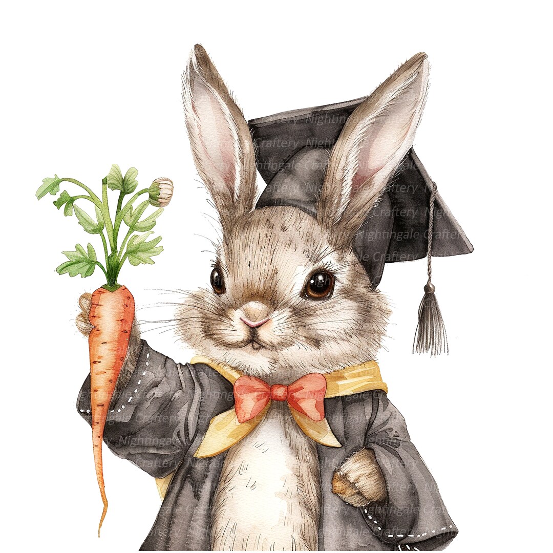 10 Graduation Bunny Clipart, Bunny Carrot Clipart, Printable Watercolor ...