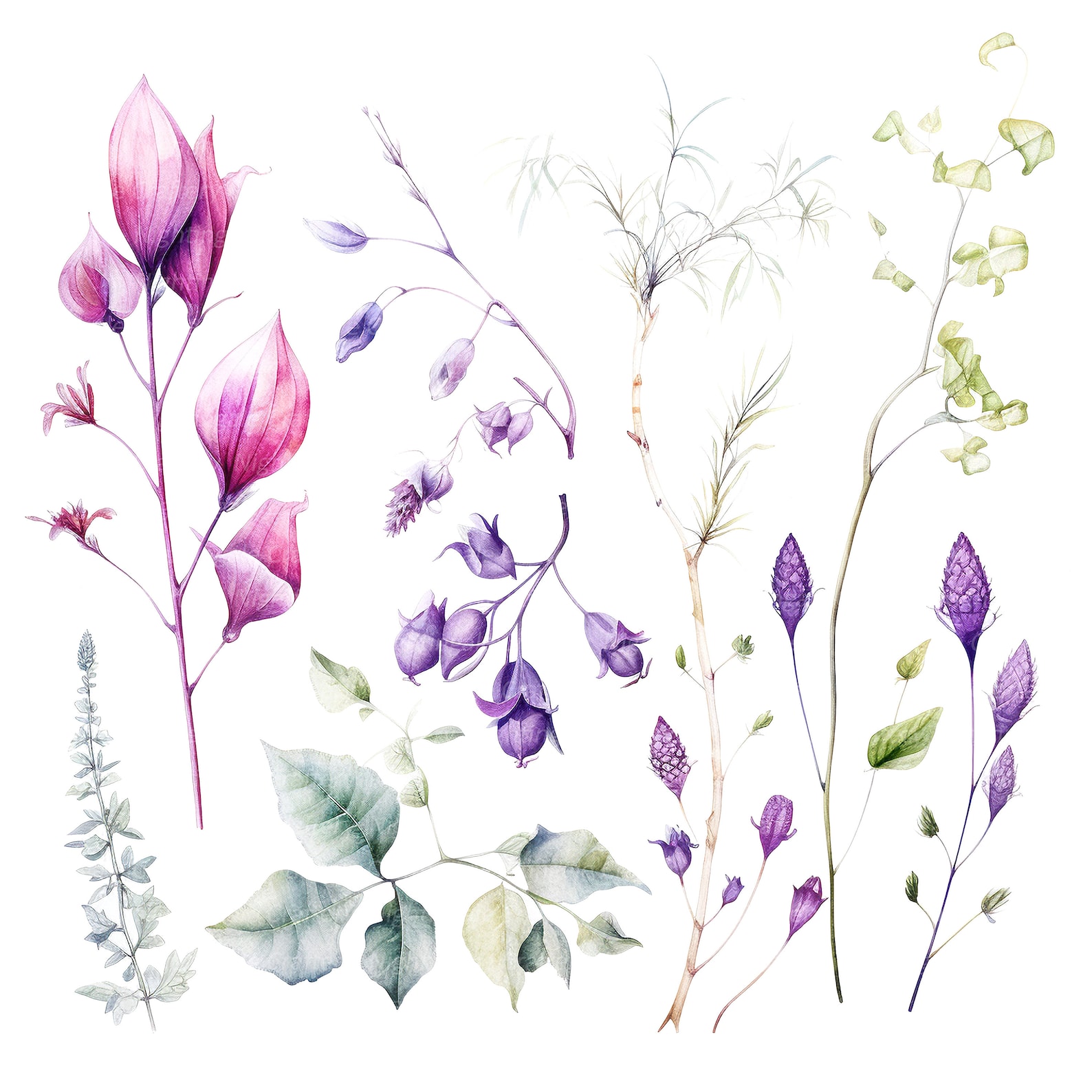 12 Botanical Plant Clipart, Wildflower Plants, Printable Watercolor ...
