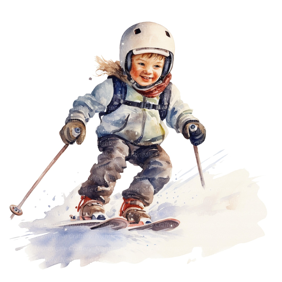 10 Kids Skiing Clipart Kids in Winter Printable Watercolor - Etsy