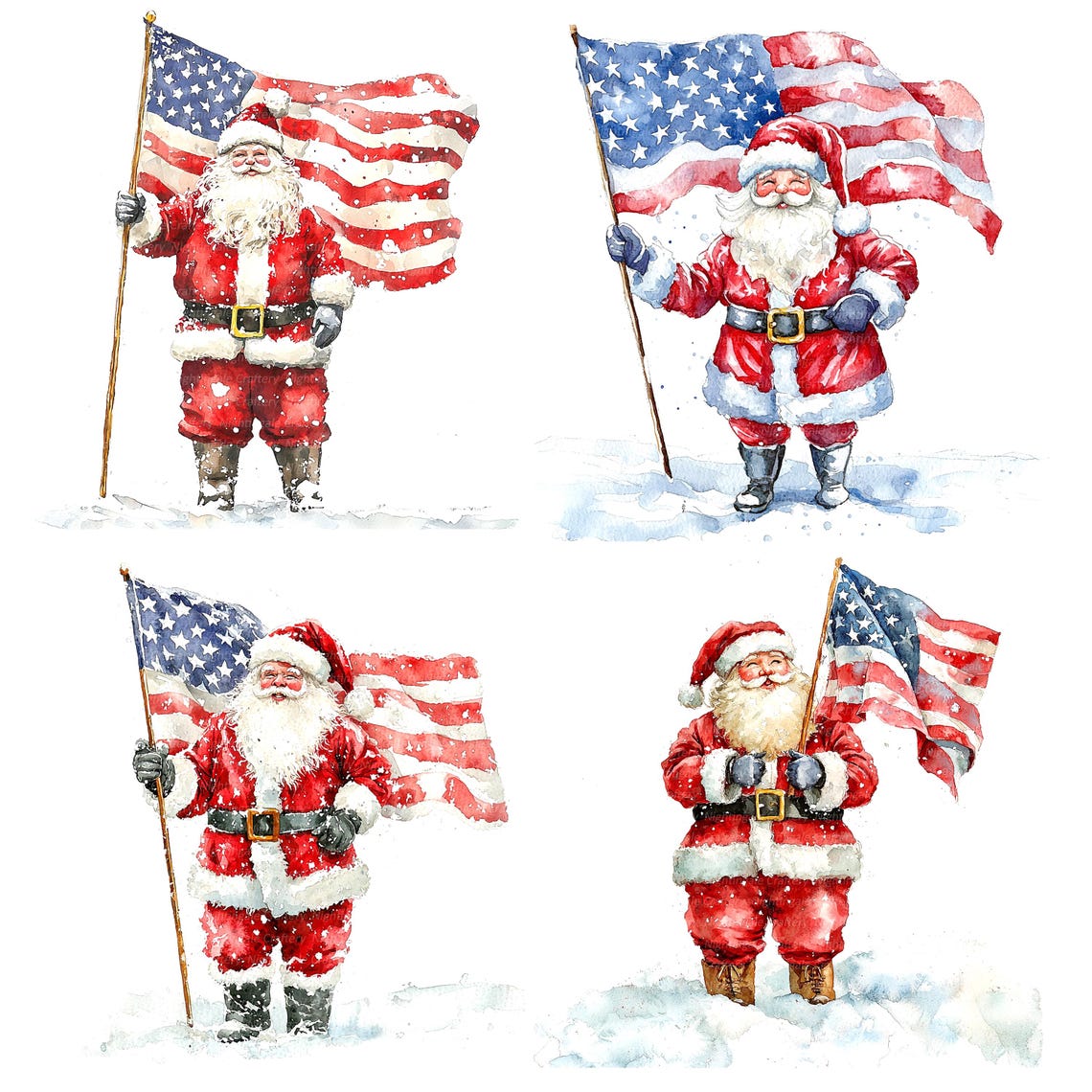 13 Patriotic Santa Claus Clipart, USA Flag, Printable Watercolor ...