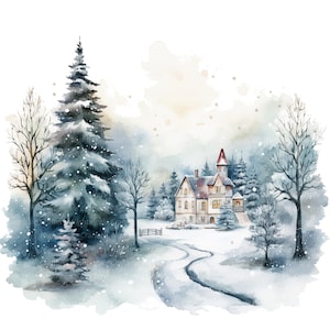 10 Christmas Card Clipart, Winter Landscape, Printable Watercolor ...