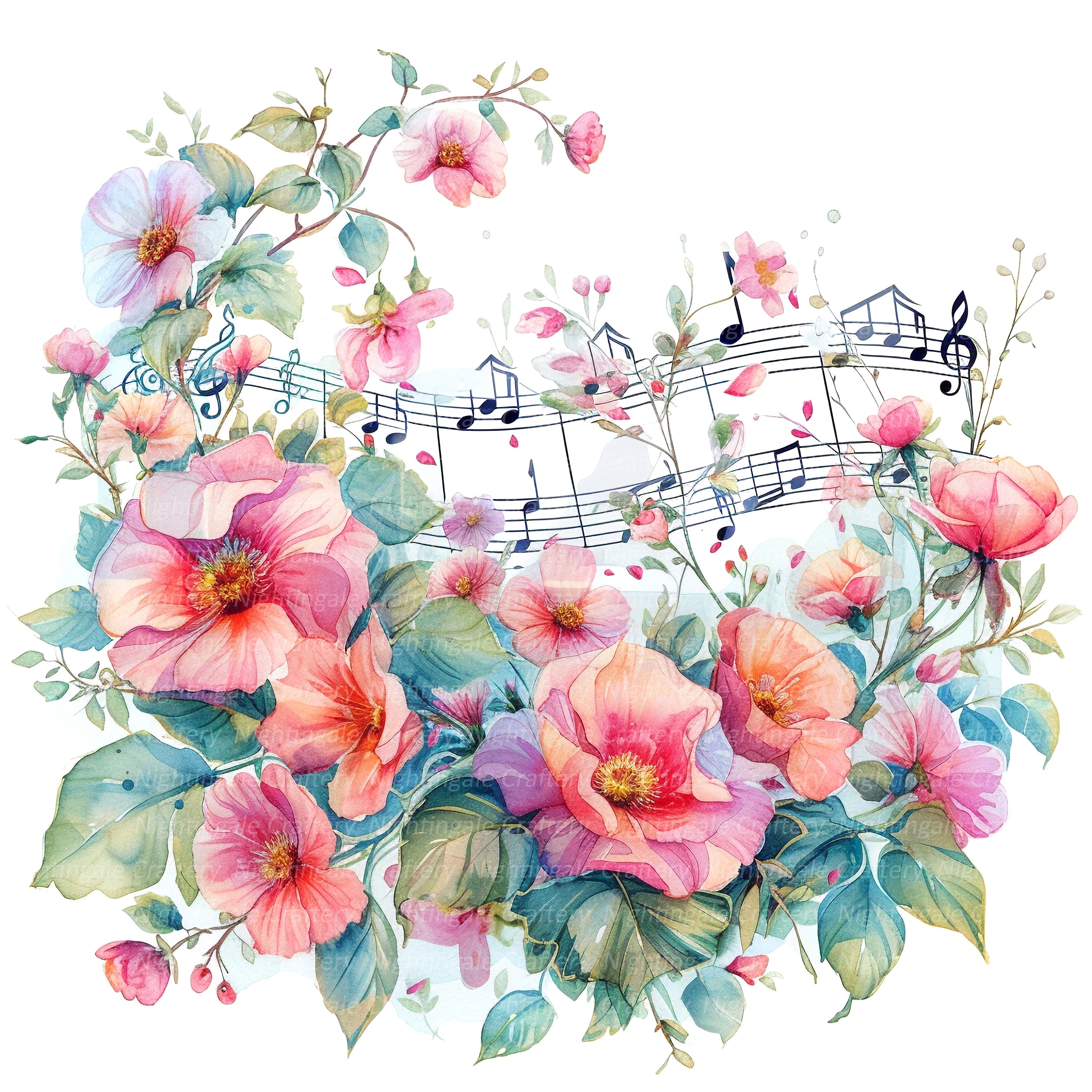 12 Floral Music Notes Clipart, Music Clipart, Printable Watercolor ...
