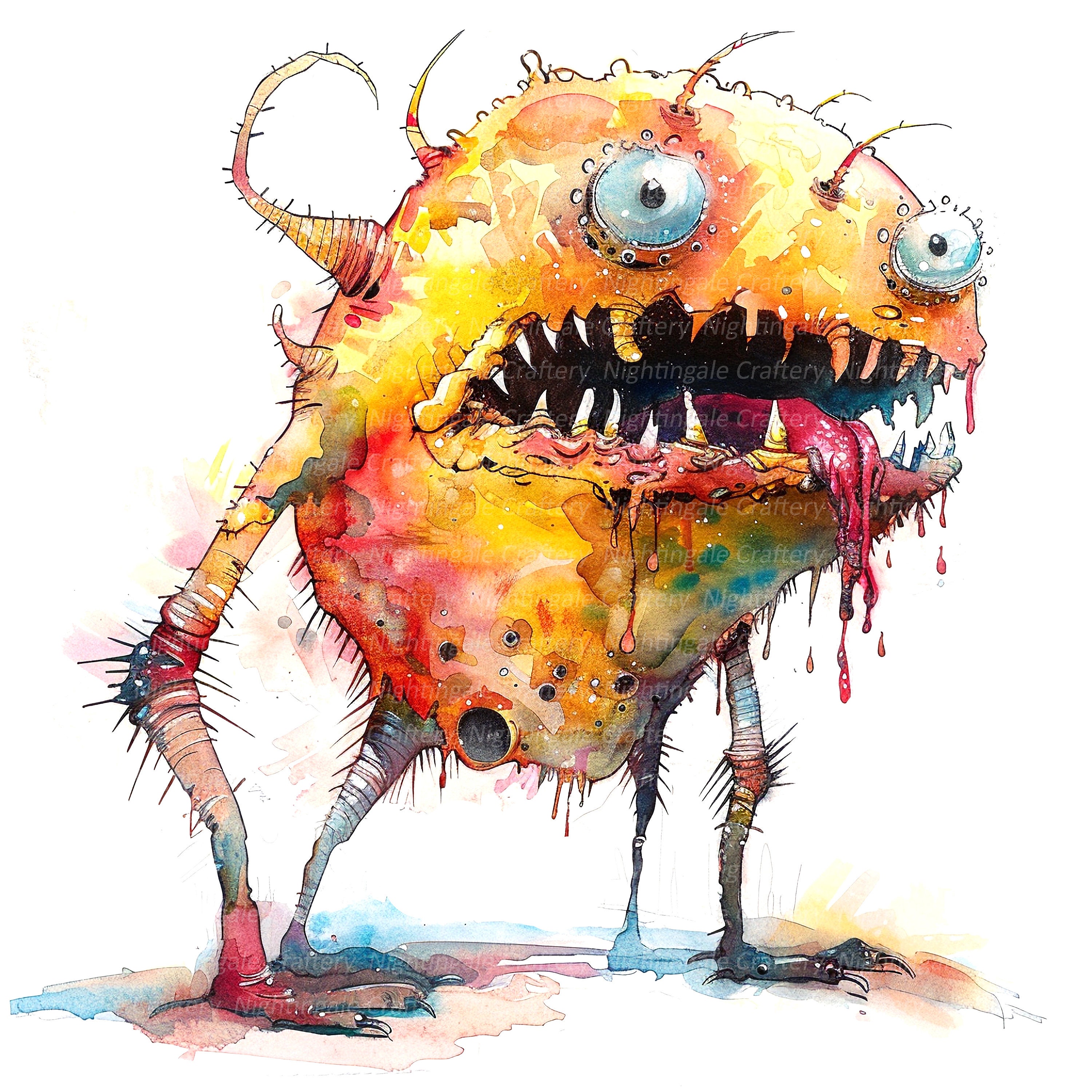 10 Mutant Monster Clipart, Halloween Design, Printable Watercolor ...