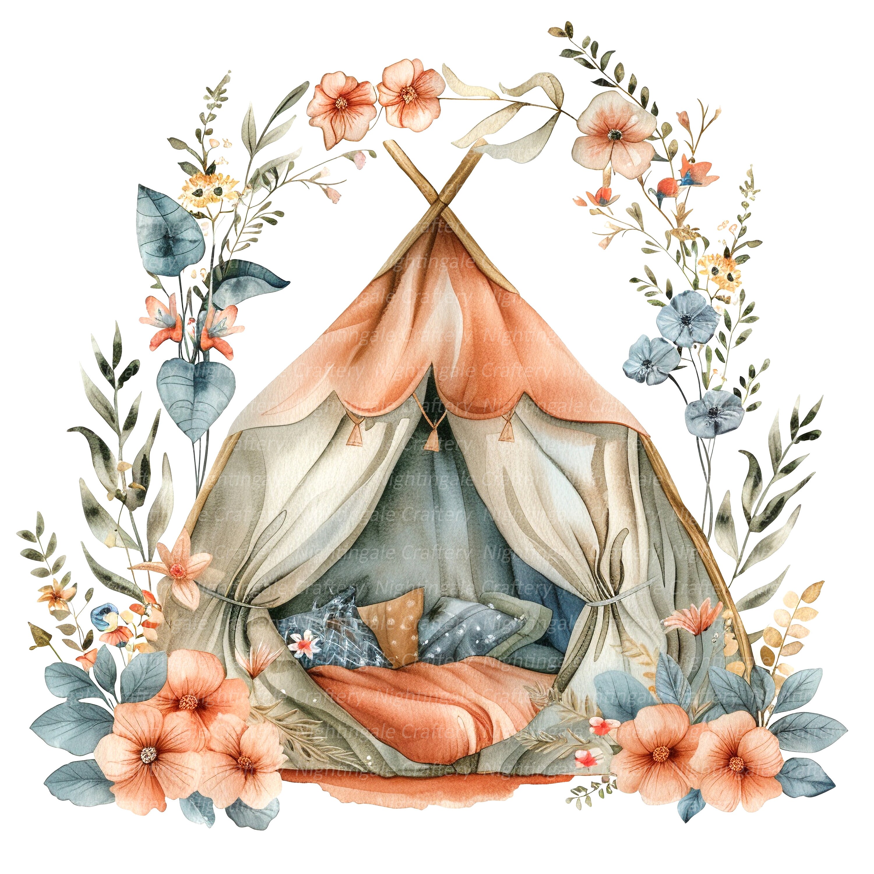 12 Floral Tent Clipart, Boho Tent Clipart, Printable Watercolor Clipart ...