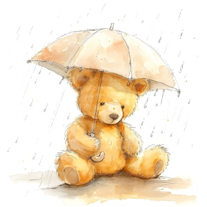 10 Teddy Bear Rainy Clipart, Teddy Bear in Rain, Printable Watercolor ...