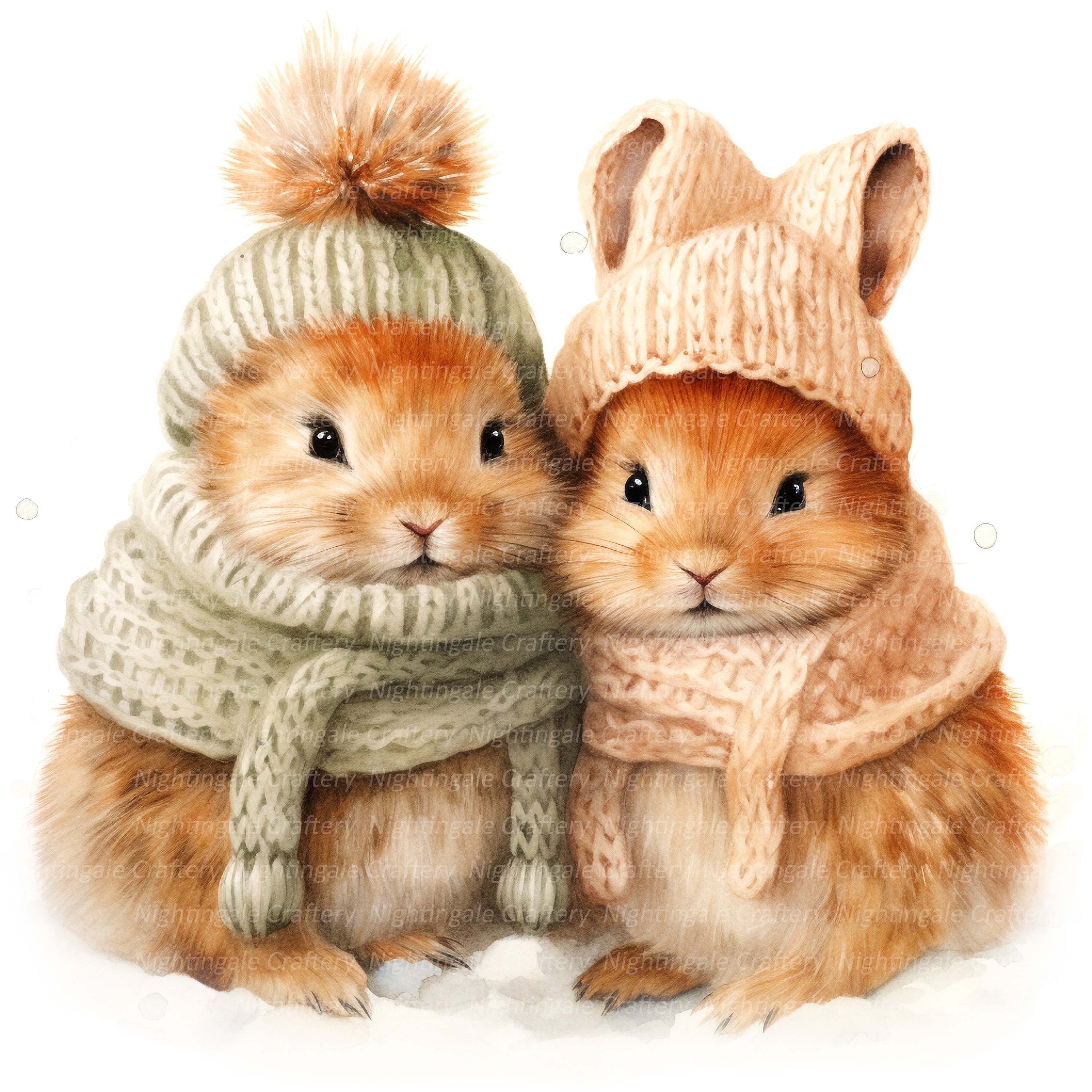 10 Bunnies in Wool Hat Clipart, Winter Bunnies, Printable Watercolor ...