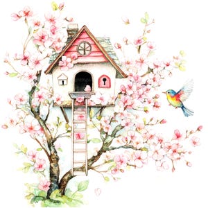 9 Spring Birdhouse Clipart 2, Floral Bird House, Printable Watercolor ...