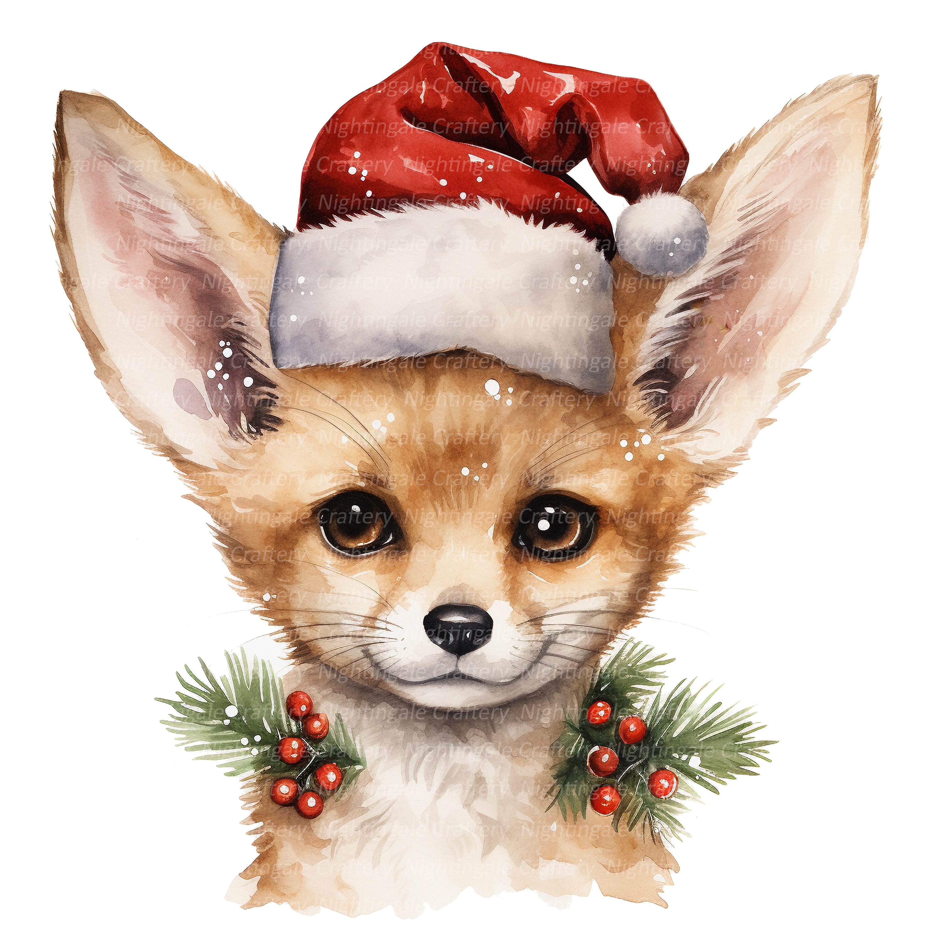 10 Fennec Fox in Santa Hat Clipart, Printable Watercolor Clipart, High ...
