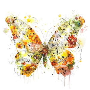 12 Butterfly Music Notes Clipart, Wall Print, Printable Watercolor ...