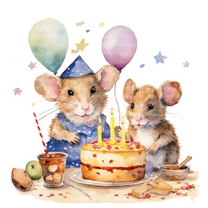 Mouse Party Clipart, Printable Watercolor Clipart, 10 High Quality Jpgs ...