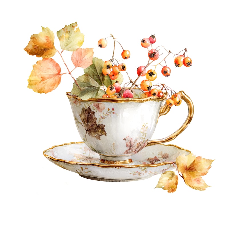 12 Autumn Tea Cup Clipart, Autumn Design, Printable Watercolor Clipart ...