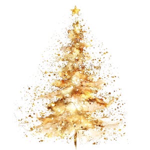 12 Golden Christmas Tree Clipart, Christmas Card, Printable Watercolor ...