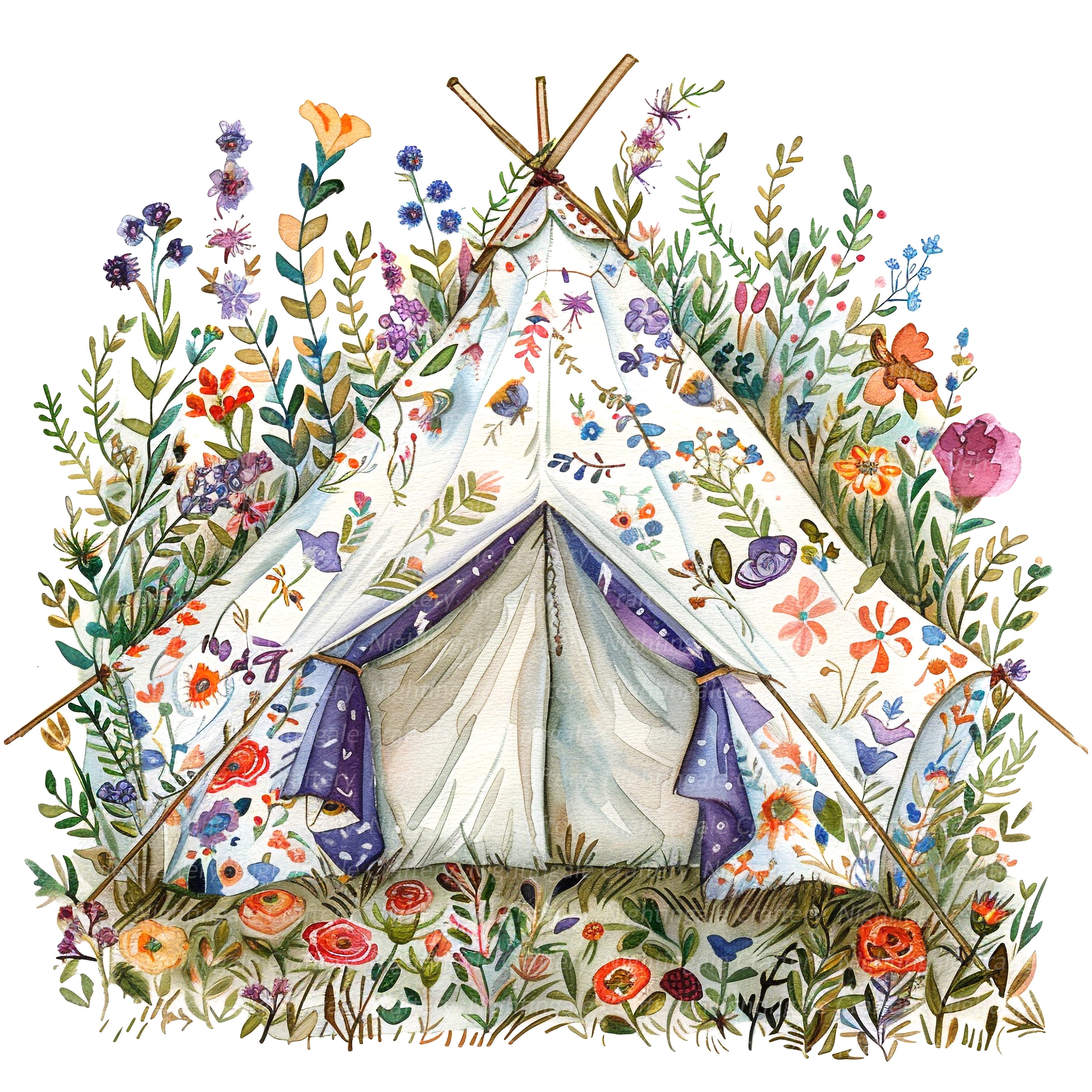 12 Floral Tent Clipart, Boho Tent Clipart, Printable Watercolor Clipart ...