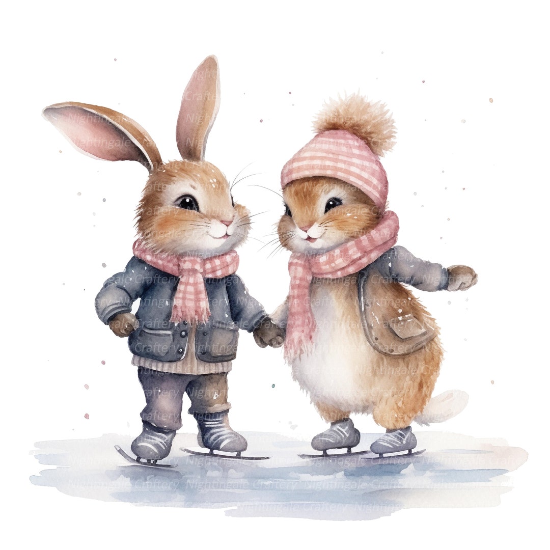 7 Bunny Ice Skating Clipart, Bunny Couple, Printable Watercolor Clipart ...