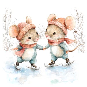 10 Cute Mice Skating Clipart, Ice Skating, Printable Watercolor Clipart ...