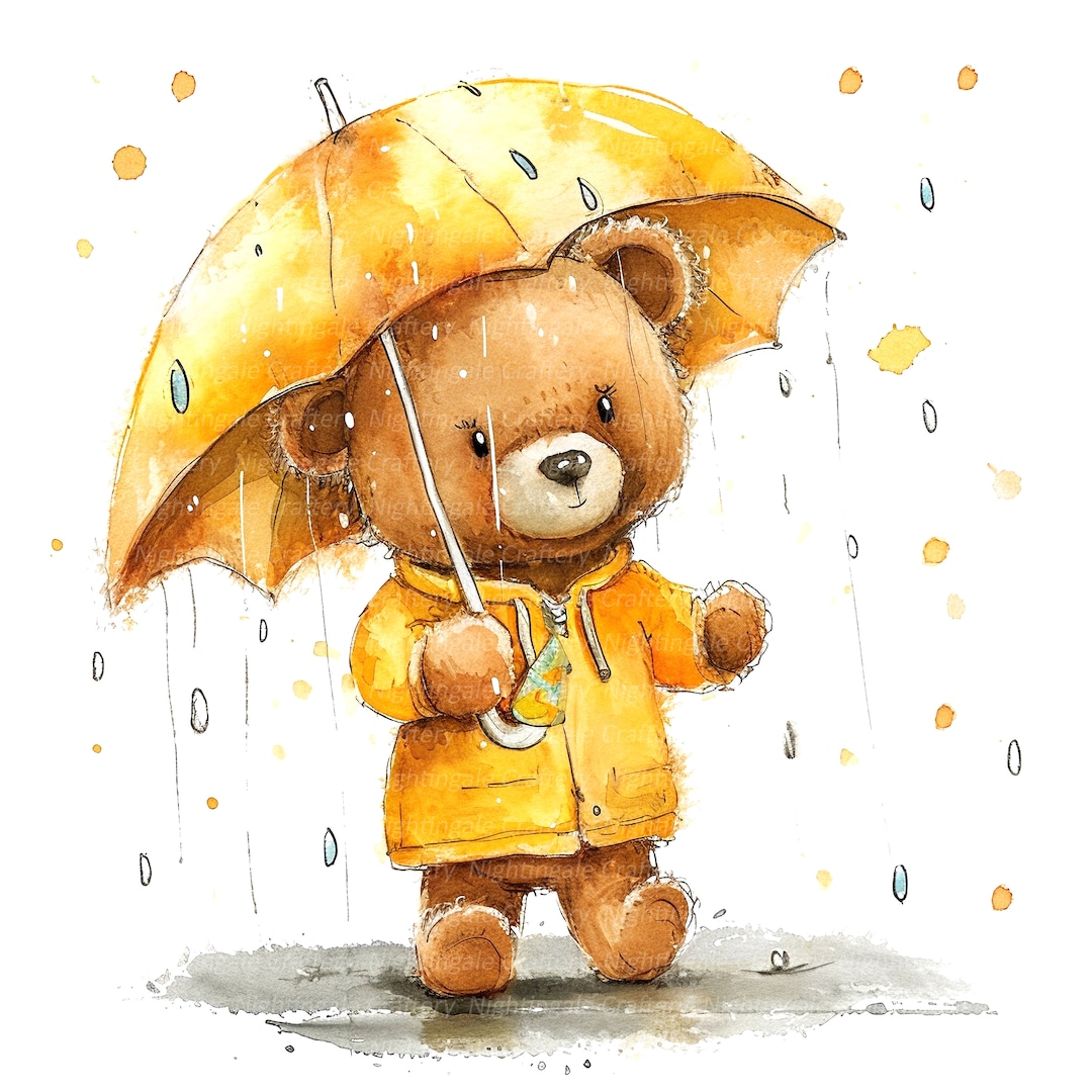 10 Teddy Bear Rainy Clipart, Teddy Bear in Rain, Printable Watercolor ...