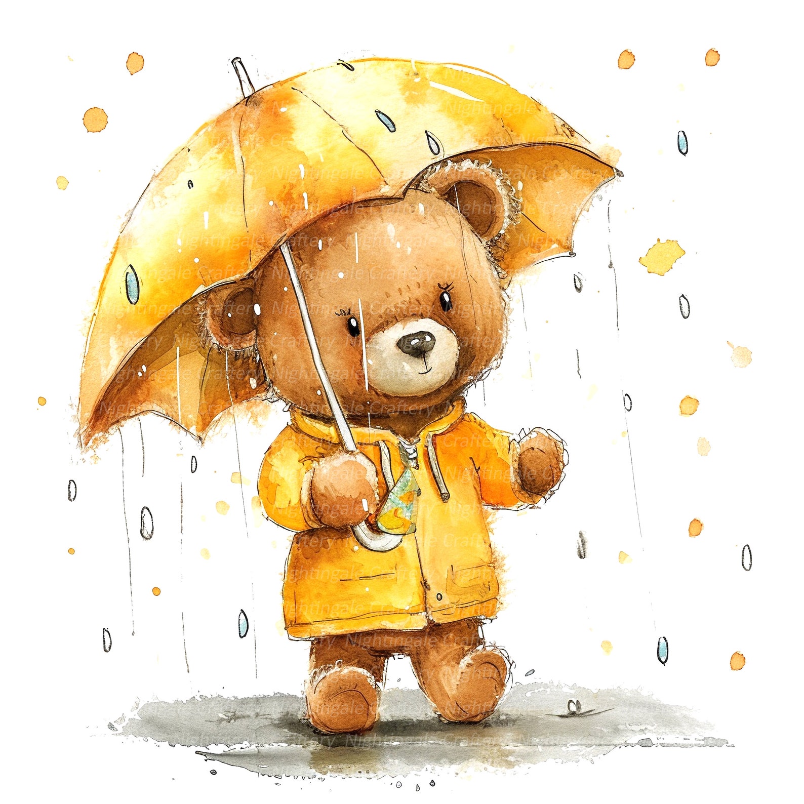 10 Teddy Bear Rainy Clipart, Teddy Bear in Rain, Printable Watercolor ...