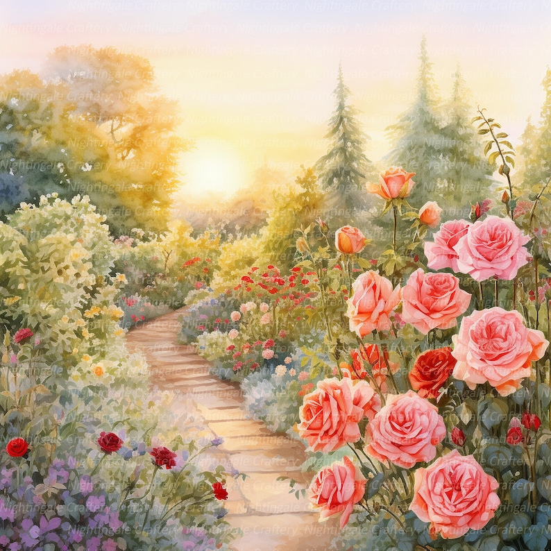 10 Rose Garden Clipart, Sunset Over Garden, Printable Watercolor ...