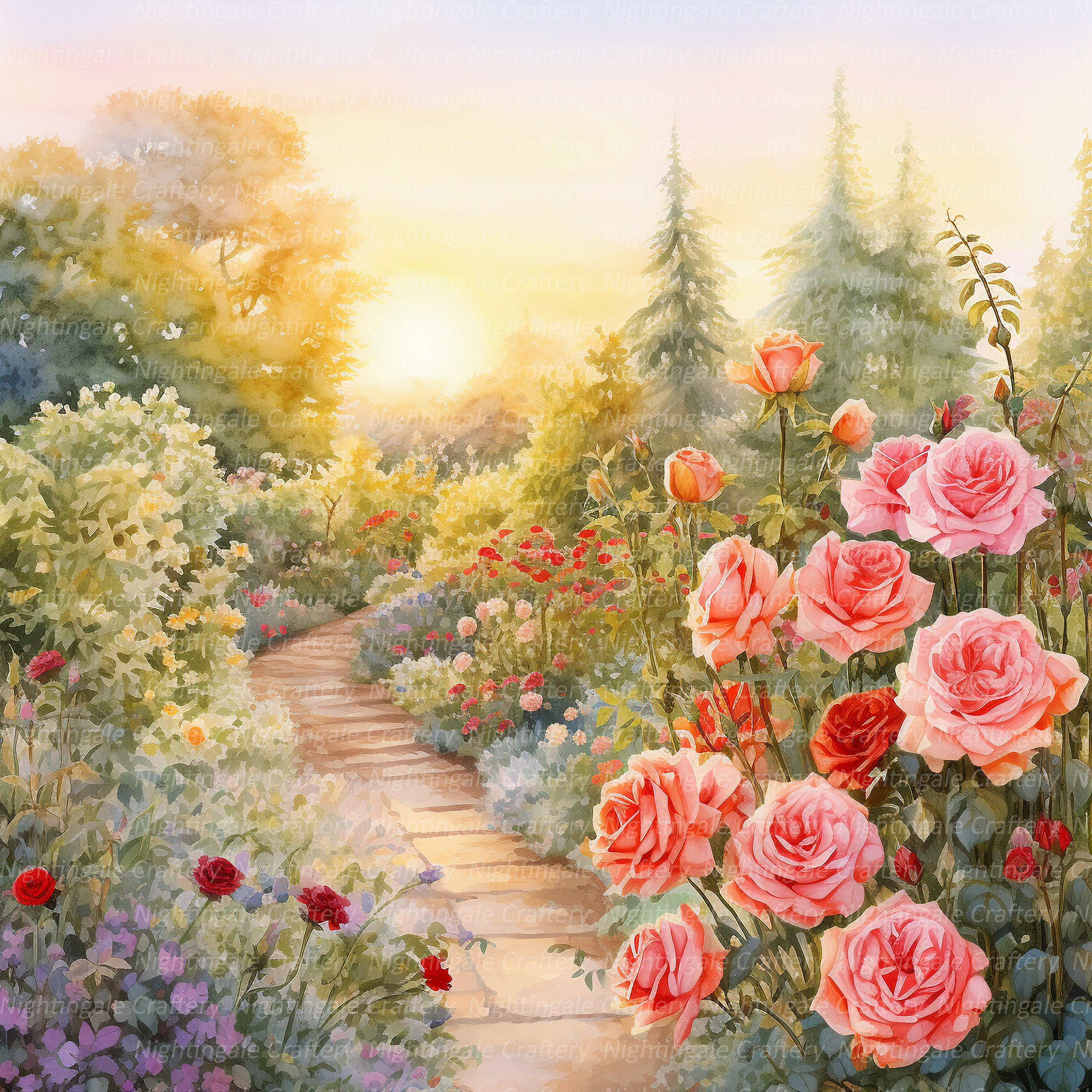 10 Rose Garden Clipart, Sunset Over Garden, Printable Watercolor ...