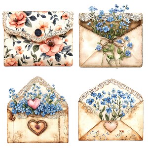 16 Vintage Floral Envelope Clipart, Old Envelope, Printable Watercolor ...