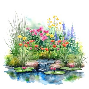 14 Garden With Pond Clipart, Garden Clipart, Printable Watercolor ...